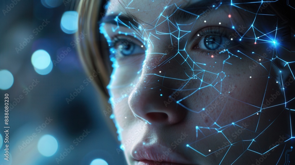 A deep fake, AI, and face swap in video editing. A deep fake and machine learning. Facial ...