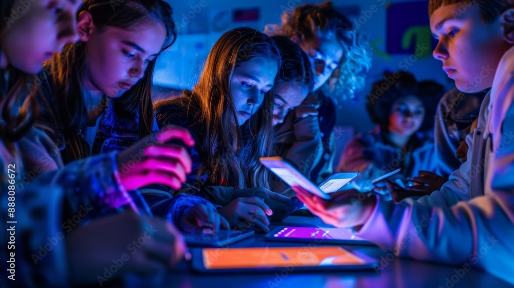 Teenage students using electronic devices in a dimly lit classroom with ...