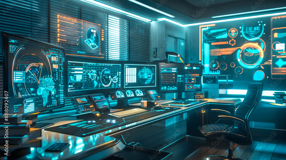 Futuristic control room with hud showing global network and data ...