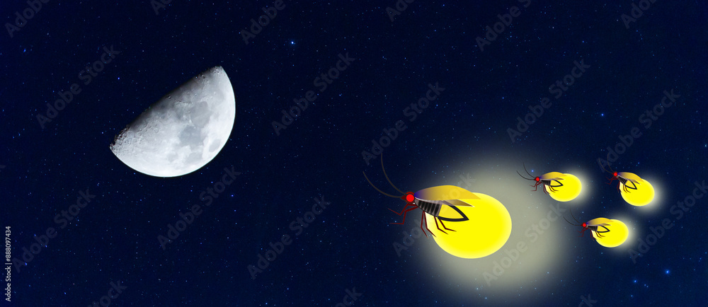 Beautiful firefly spread wings and light at the end of the body. design ...