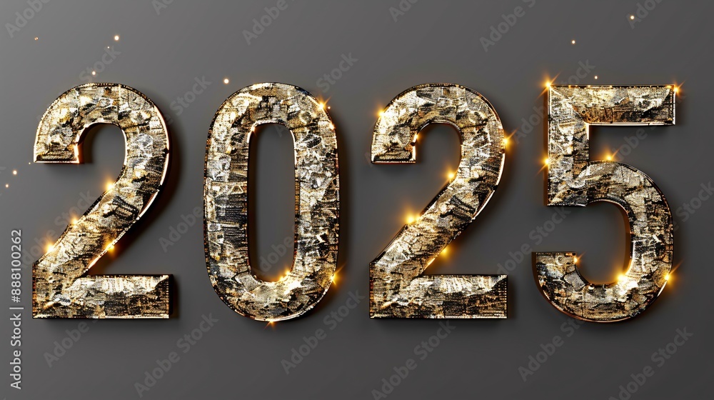 Shimmering golden 3d numbers 2025 with a weathered texture on a moody ...