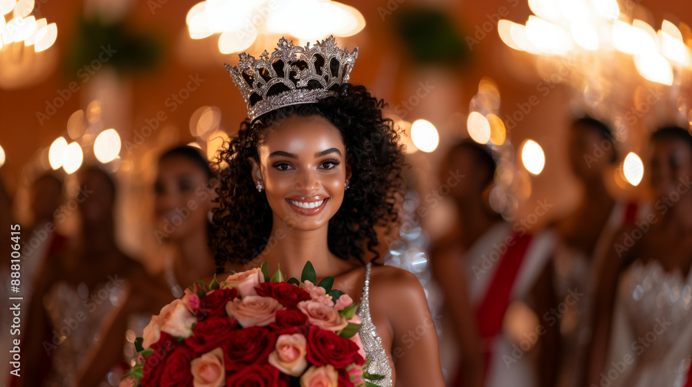 An African American beauty queen with a crown holding a bouquet of ...