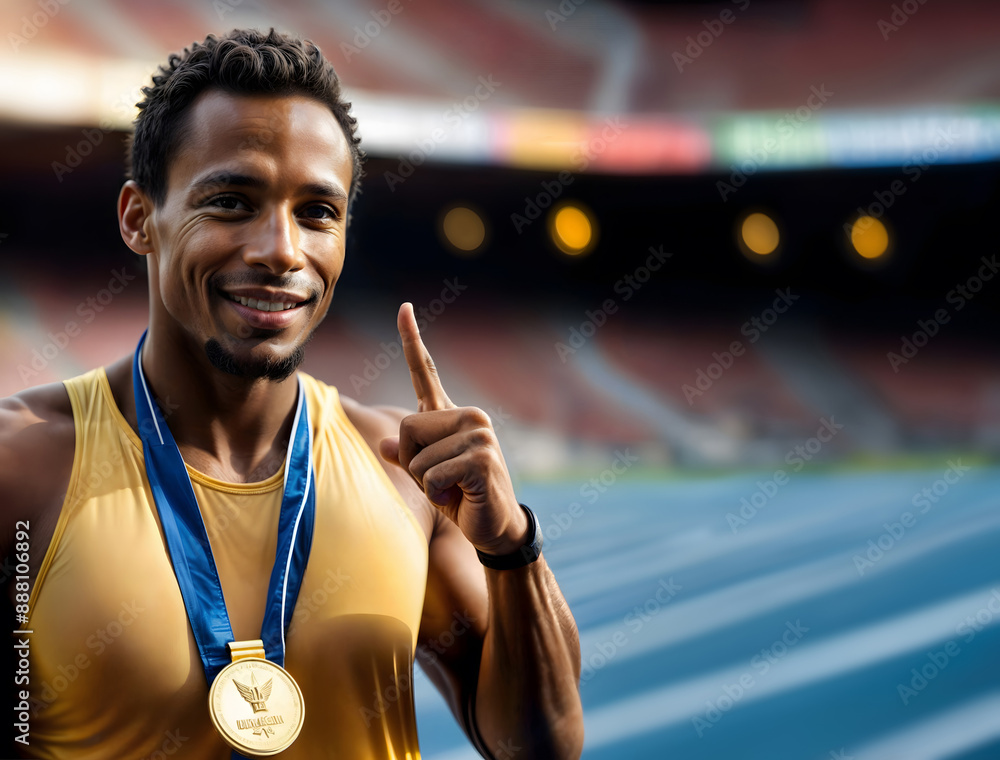 Triumphant olympic games athlete celebrates gold medal victory in the ...