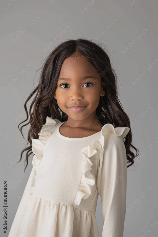 Beautiful Mexican little girl in a light beige cotton dress is posing ...