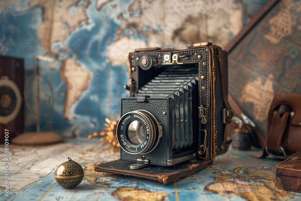 Vintage camera on a vintage wooden desk with old photography equipment ...