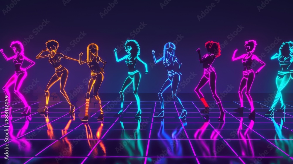 Cartoon Disco Dancers in Neon Light Dance Floor, Recreating the Retro ...