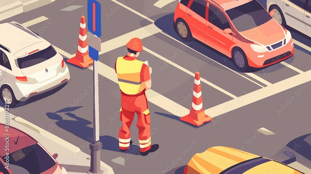 Isometric Parking Attendant Managing Parking Ticket Machines and ...