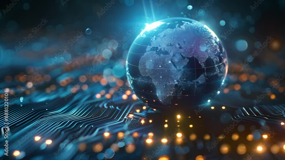 Futuristic blue planet earth on computer mainboard digital technology ...