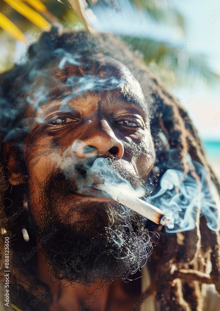 Rastafarian man with dredlocks at the beach by the ocean in Jamaica ...