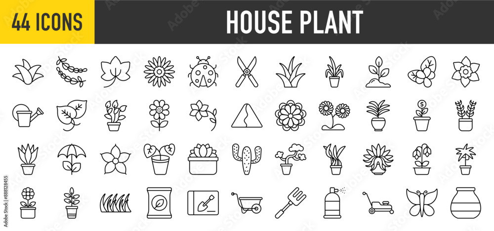 44 House plant icon set. Gardenia, Ladybug, Chrysanthemum, Aloe Vera ...