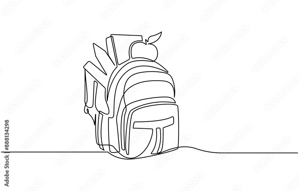 Opened backpack with stationery. Continuous line drawing. Vector ...