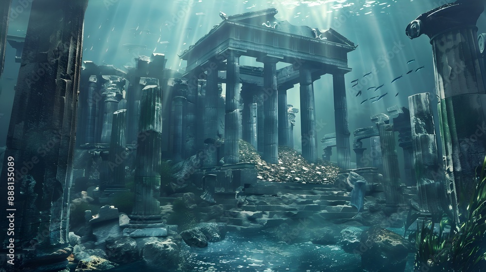 Sunken Ancient Temple Ruins in the Underwater Landscape with Dramatic ...