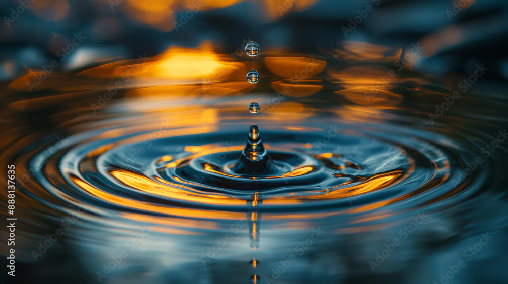 view of a water droplet suspended in mid-air, about to make contact ...