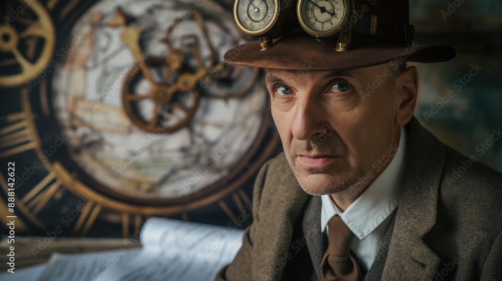 Steampunk portrait of an inventor, surrounded by blueprints and ...