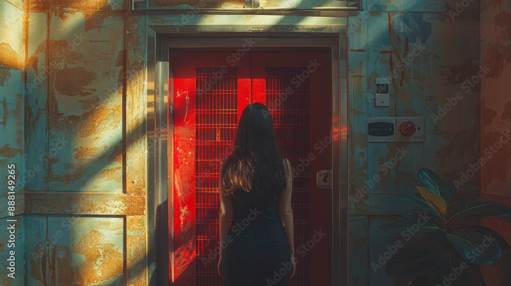 Anxious woman in vintage elevator, waiting by metal doors with shadows ...