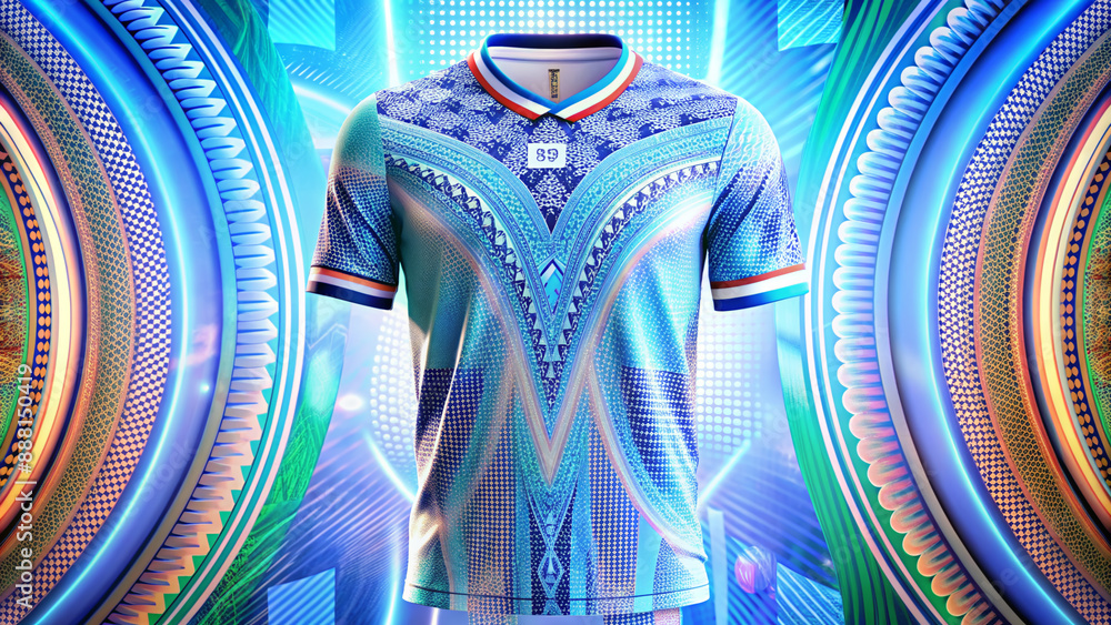 Blue and white sports jersey template with abstract geometric patterns ...