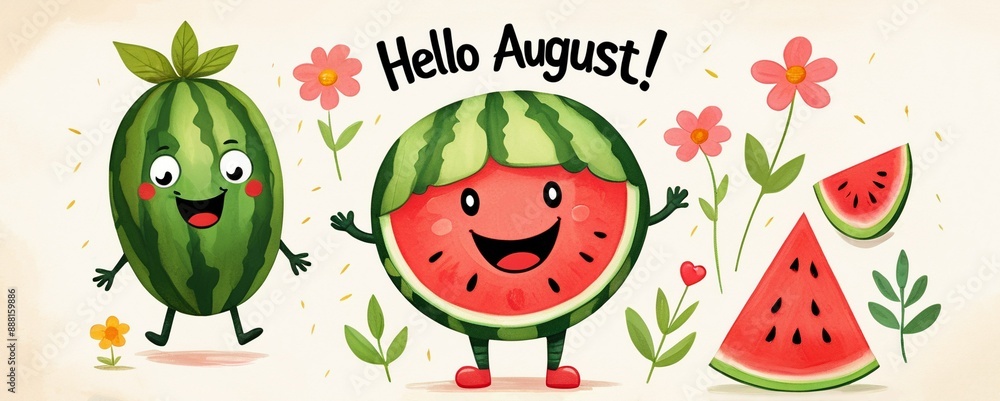 Lettering Hello August with cute happy watermelons with flowers and ...