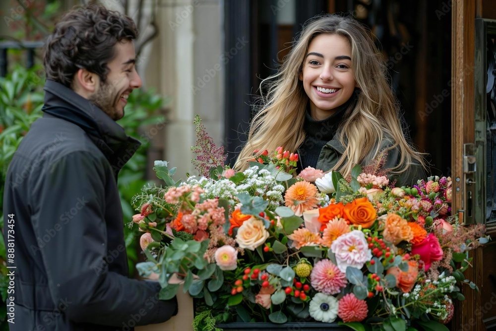 young woman with a big smile receiving a beautiful bouquet of flowers ...
