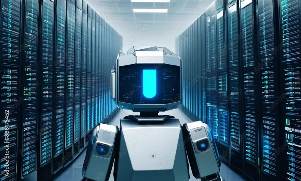 Rear back view of AI artificial intelligence robot standing in data ...