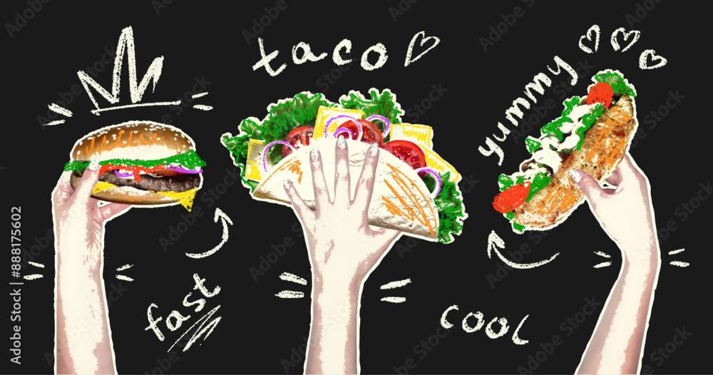 Photorealistic fast food with pencil doodle texture. Hands with a ...