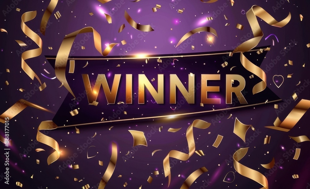 purple background with golden confetti and retro light sign "WINNER ...