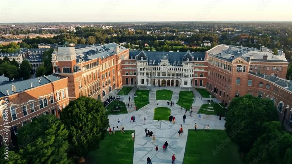 An aerial view of a university campus with students walking between ...