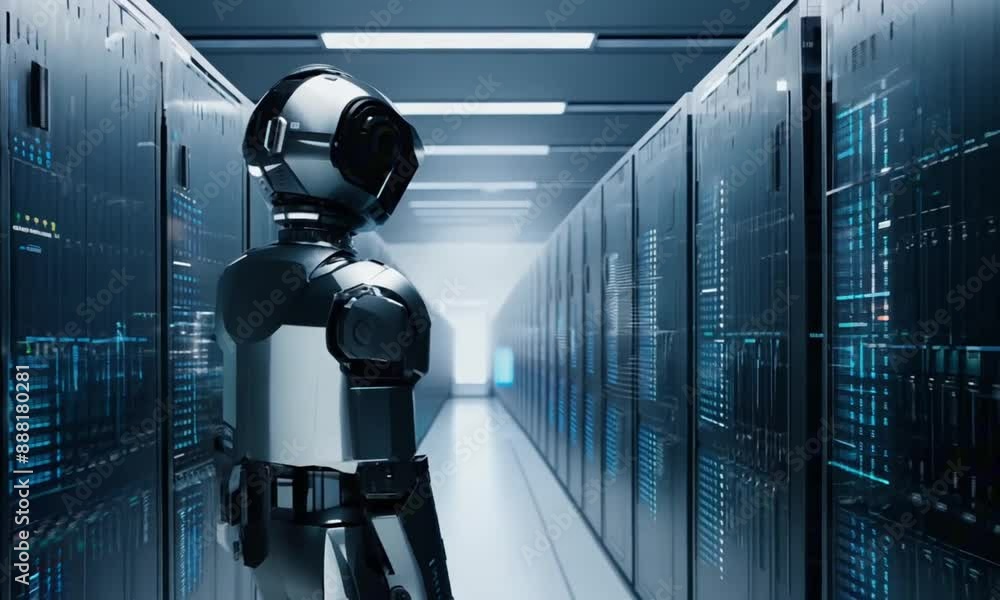 Rear back view of AI artificial intelligence robot standing in data ...