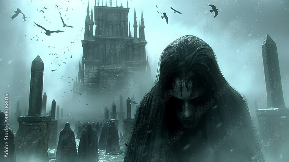 Gothic Horror Scene with Dark Figure in Cemetery, Spooky Atmosphere ...