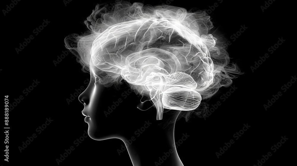Elegant silhouette of a human head with a transparent brain overlay ...
