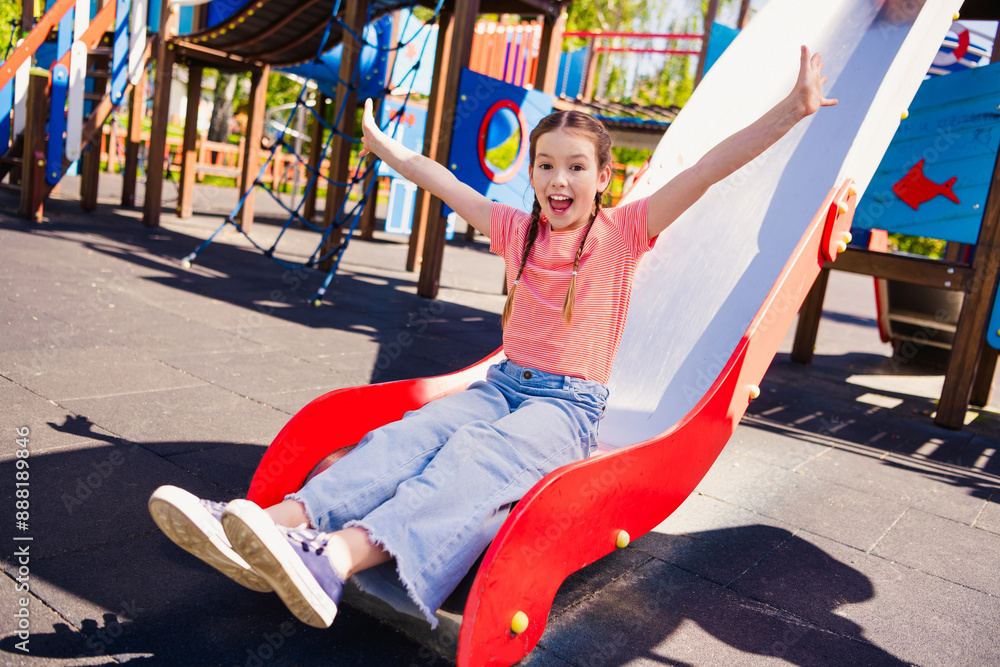Full size photo of charming lovely little girl slide playground hill ...