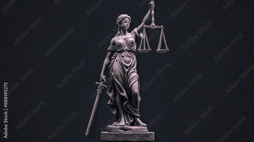 Lady justice statue holding scales and sword on dark background Stock ...