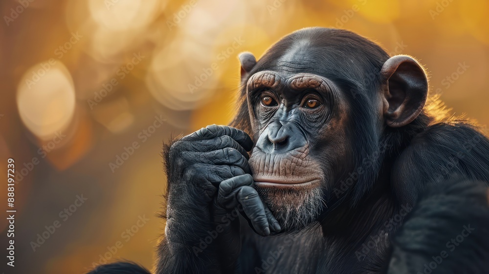 chimpanzee thinking with hand on its chin, staring thoughtfully ...