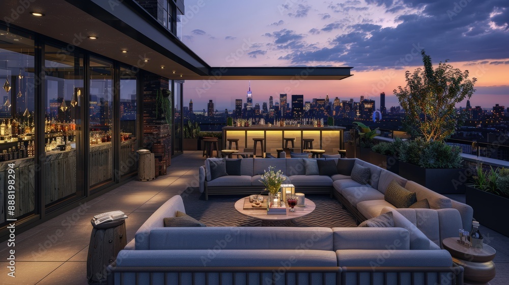 Exclusive rooftop lounge with modern decor, stunning skyline views, and ...