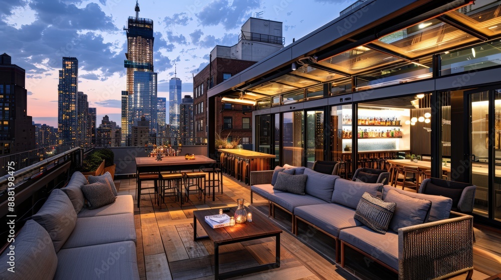 Exclusive rooftop lounge with modern decor, stunning skyline views, and ...