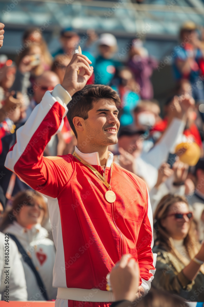 Athlete Celebrating Victory with Gold Medals at Award Ceremony amidst ...