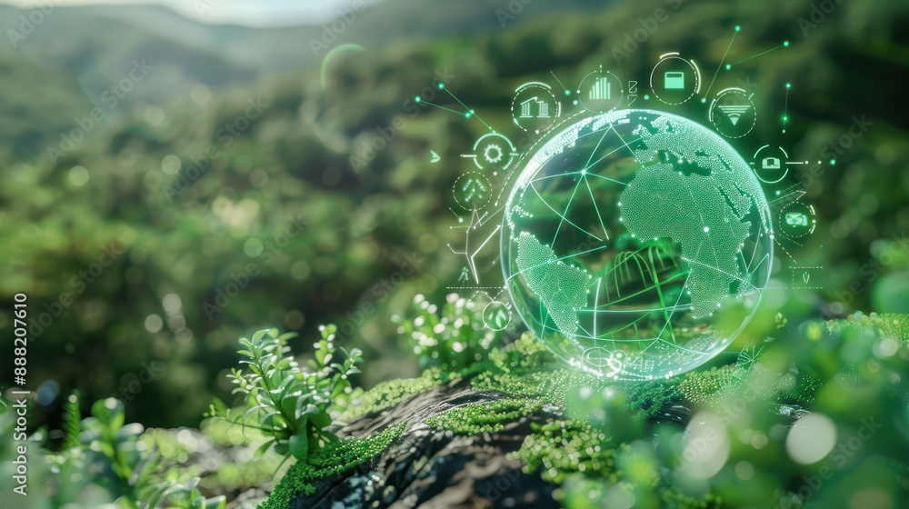 Virtual globe with circular economy icons on natural. background ...