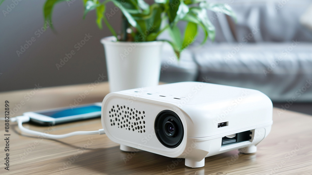 White Portable Mini Projector Connected to Smartphone for Graphics Ads ...