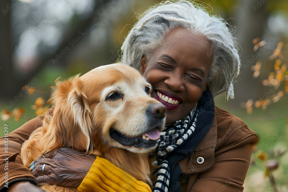 Mature candid black woman cuddling golden retriever dog outdoors in ...