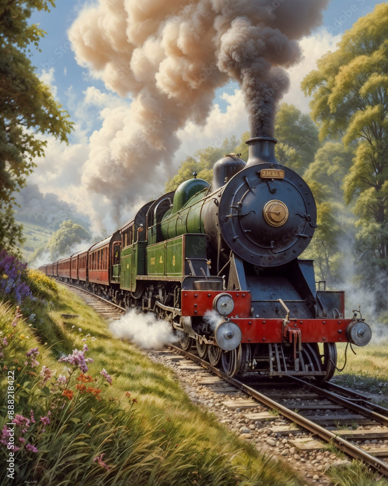 nostalgic retro illustration of a steam train from the age of steam ...