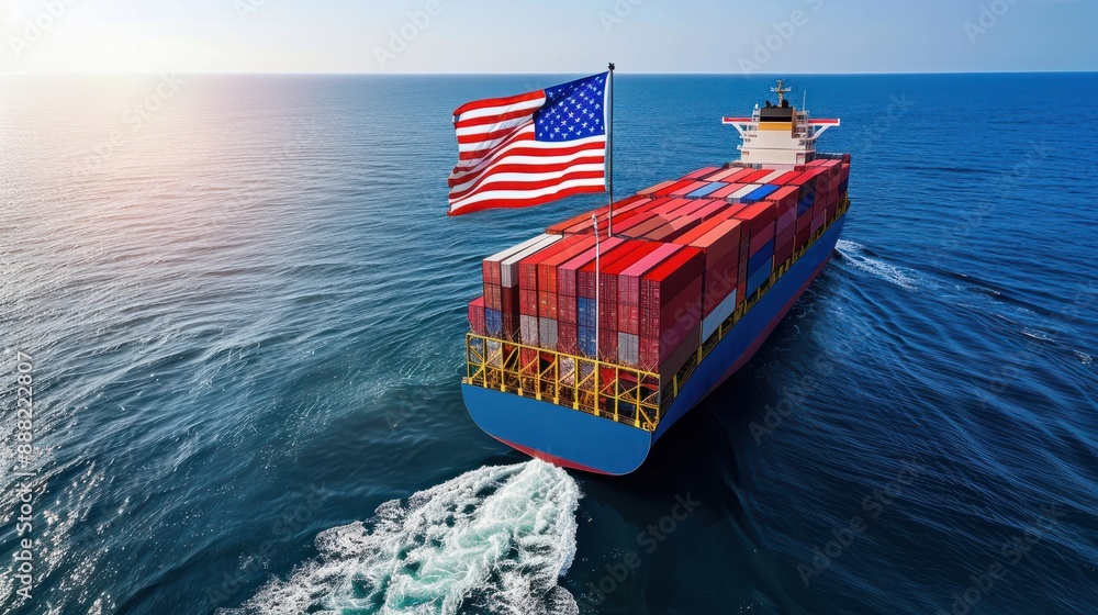 A container ship proudly displays the American flag as it sails the open sea, representing ...