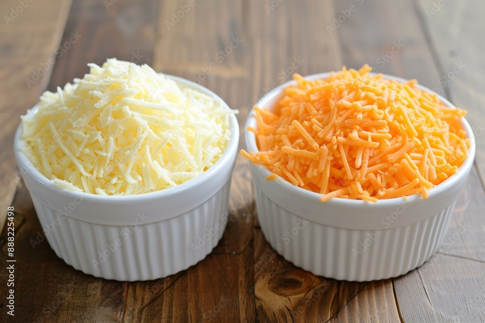 White bowls hold shredded mozzarella and cheddar Grated low moisture ...