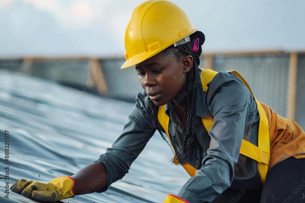 Female African American Construction Worker Installing Bitumen Membrane ...