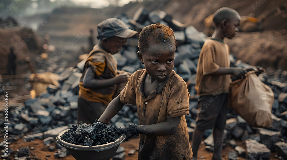 Dirty African kids working in a Cole mine. Children are on a dangerous ...