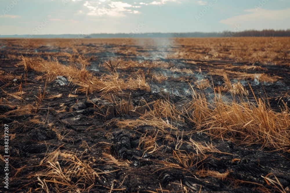 Grassy meadow with black ash aftermath of wildfire environmental issue ...