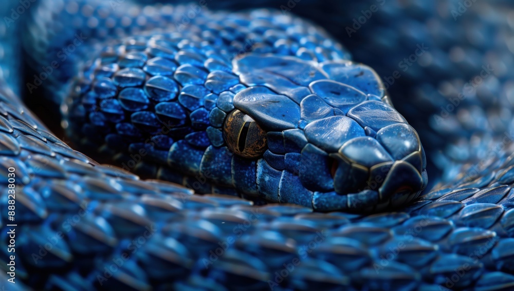 This close-up image captures a vibrant blue snake with detailed ...