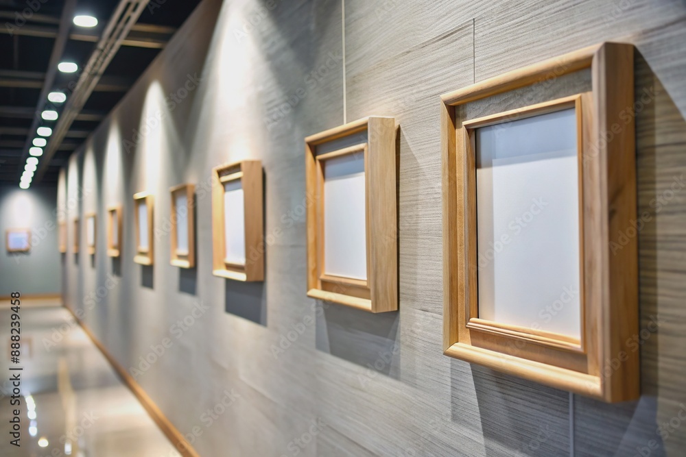 Side view of small wooden frames with white voids against reflective ...