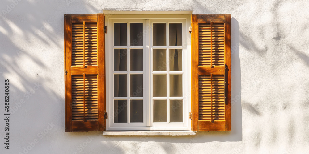 Bright sunlight on white wall with wooden window, closed shutters ...