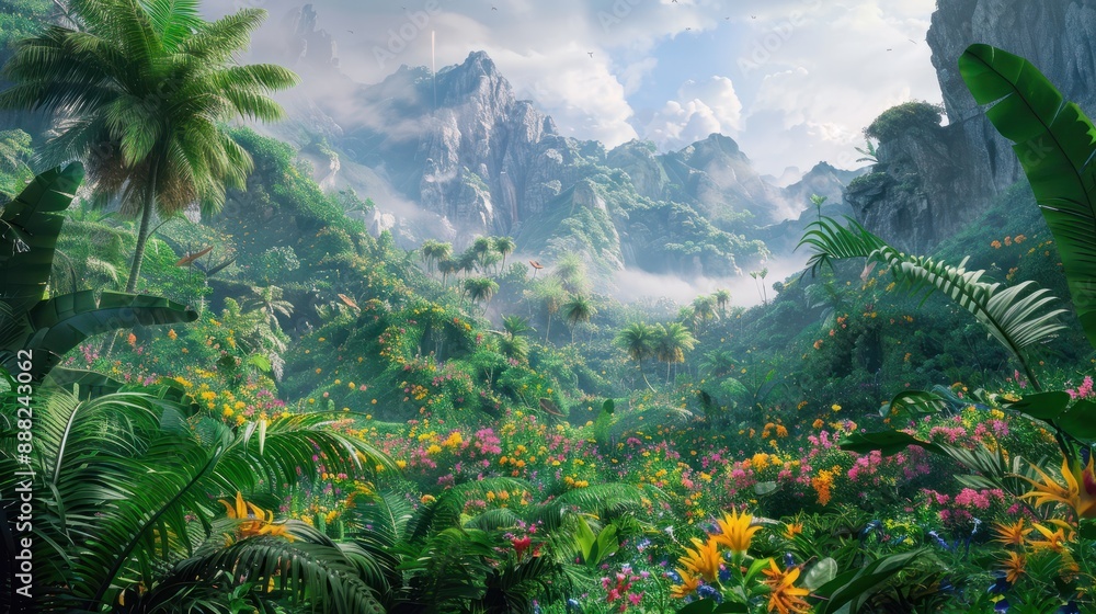 A prehistoric landscape dominated by towering megaflora, giant ferns ...