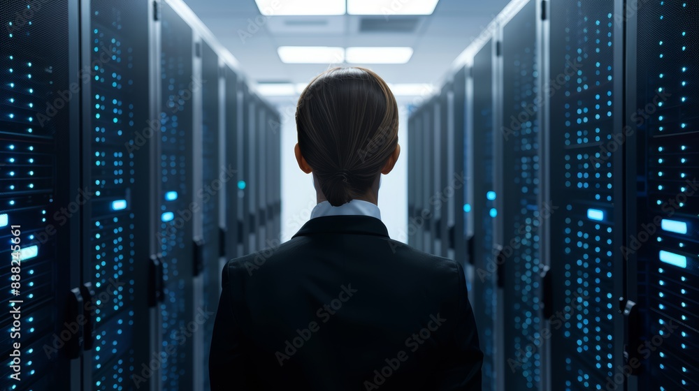 A person in a server room, ensuring physical security measures are in ...