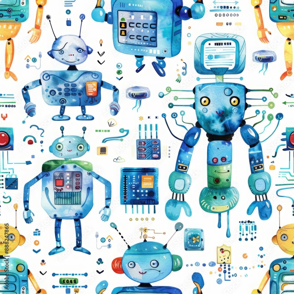 Seamless watercolor pattern with robotics and coding elements like ...